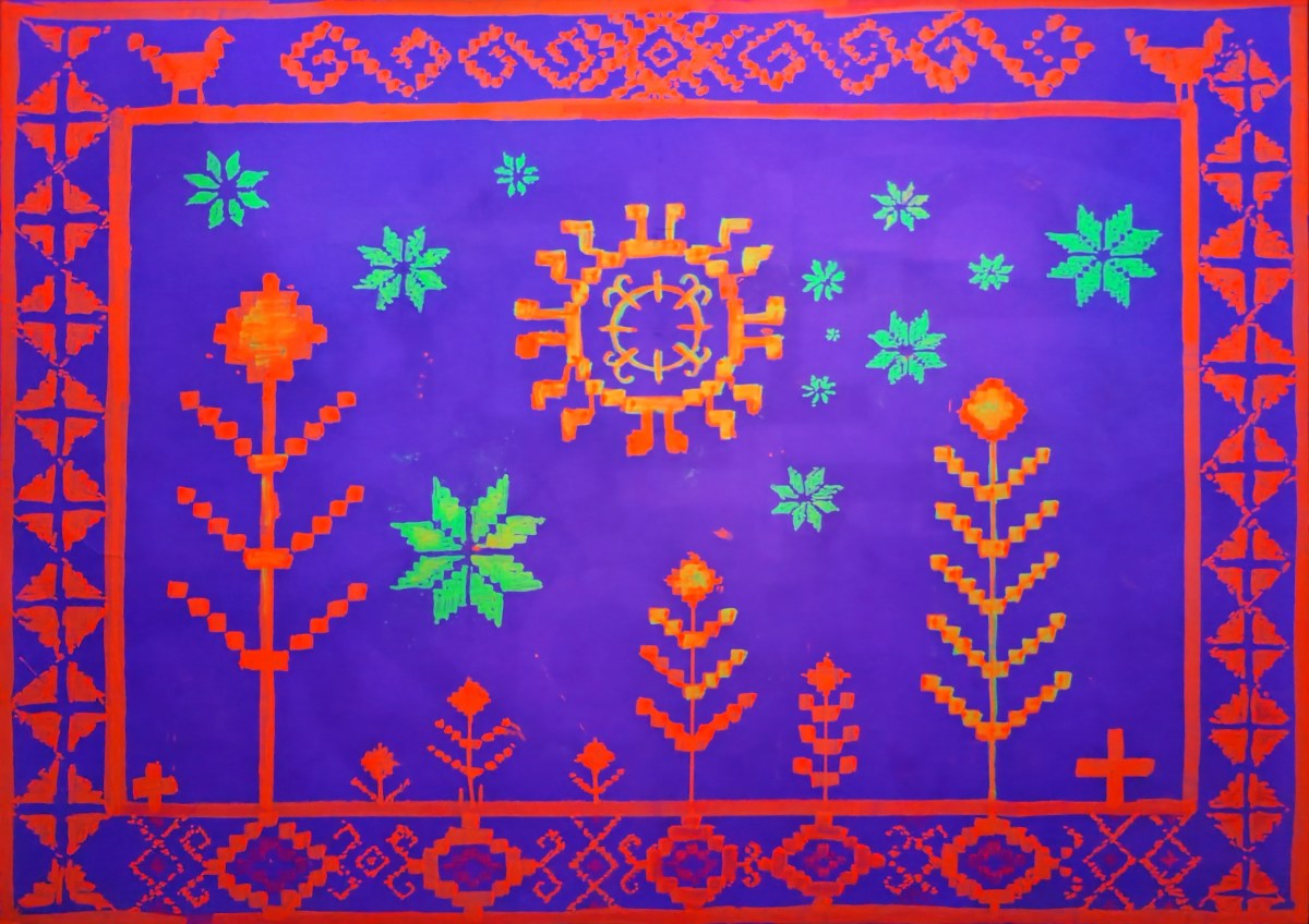 Poveste agrara de vara, desen fluorescent cu simboluri traditionale ...